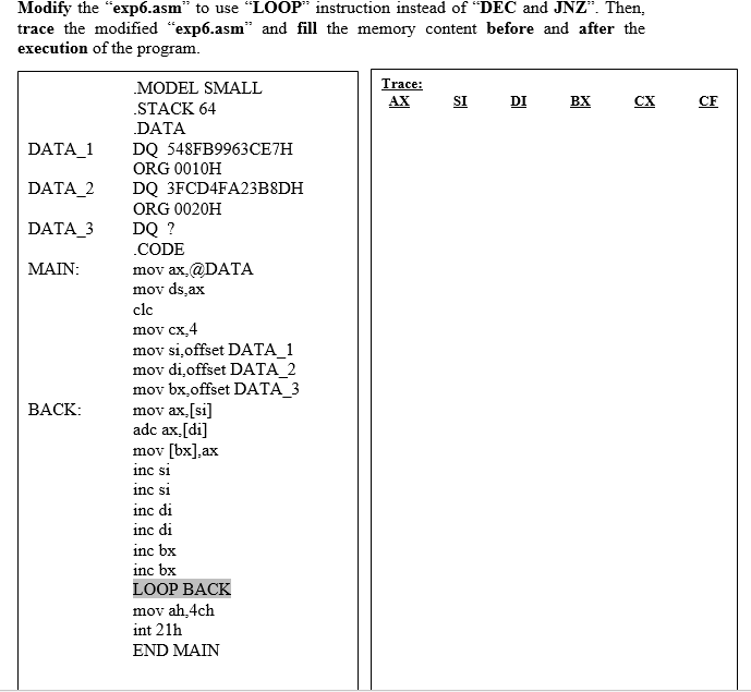 Solved CF Modify the exp6.asm” to use "LOOP" instruction | Chegg.com