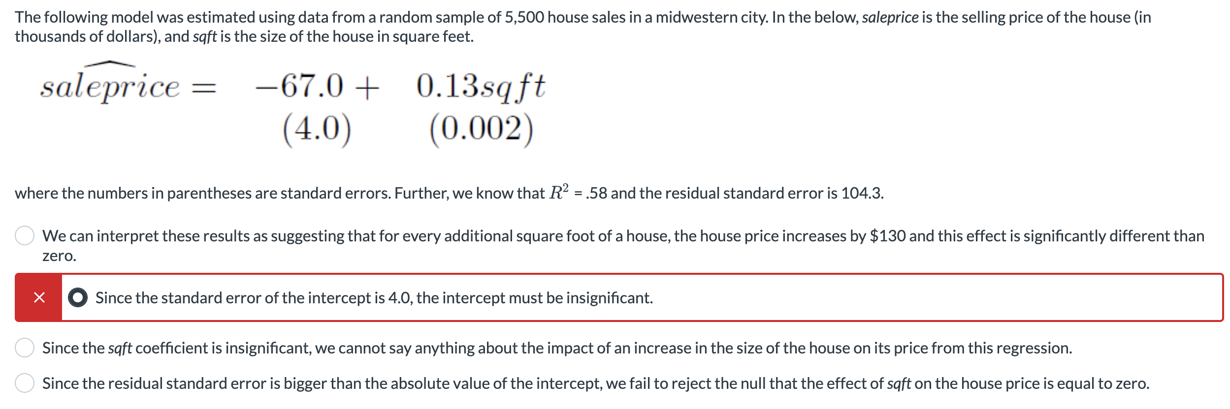 Solved The following model was estimated using data from a | Chegg.com