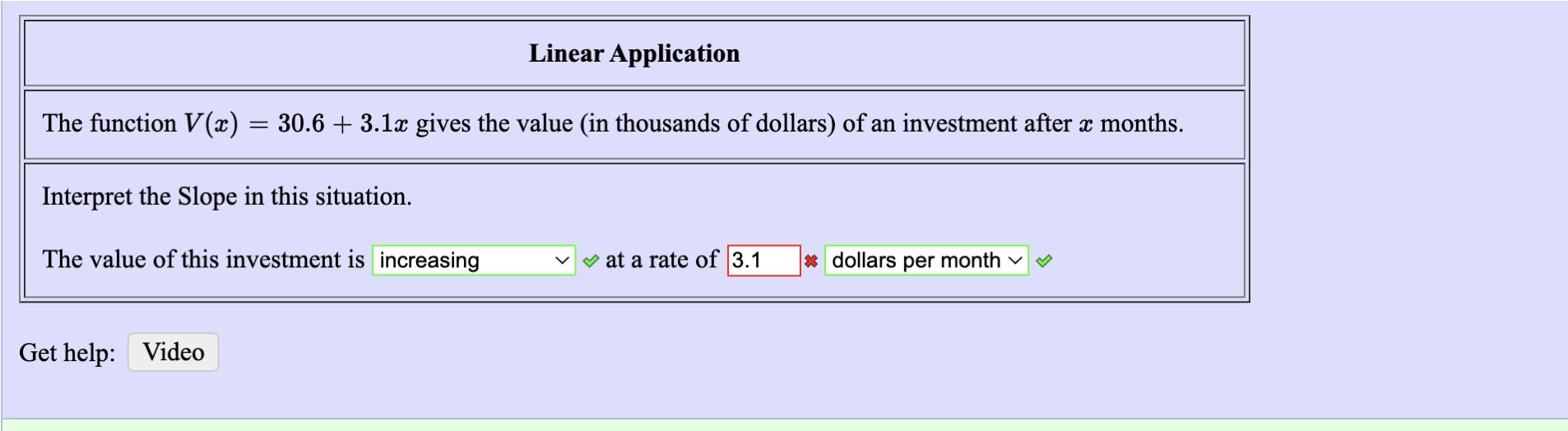 Solved Linear Application The function V(x)=30.6+3.1x gives | Chegg.com