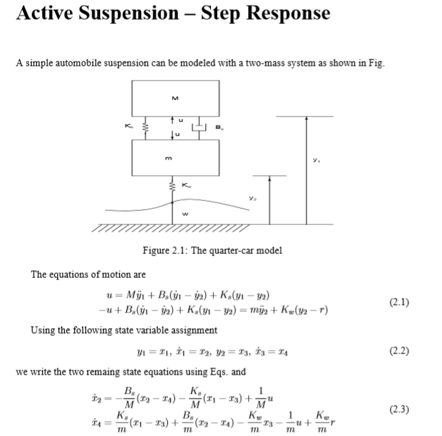 Active Suspension – Step Response A simple automobile | Chegg.com