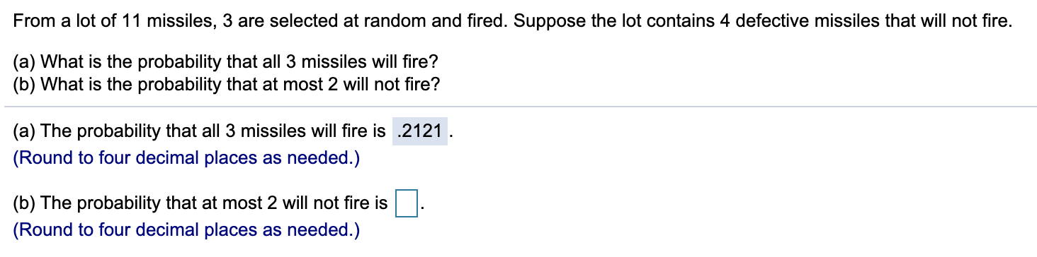 Solved From a lot of 11 missiles, 3 are selected at random | Chegg.com