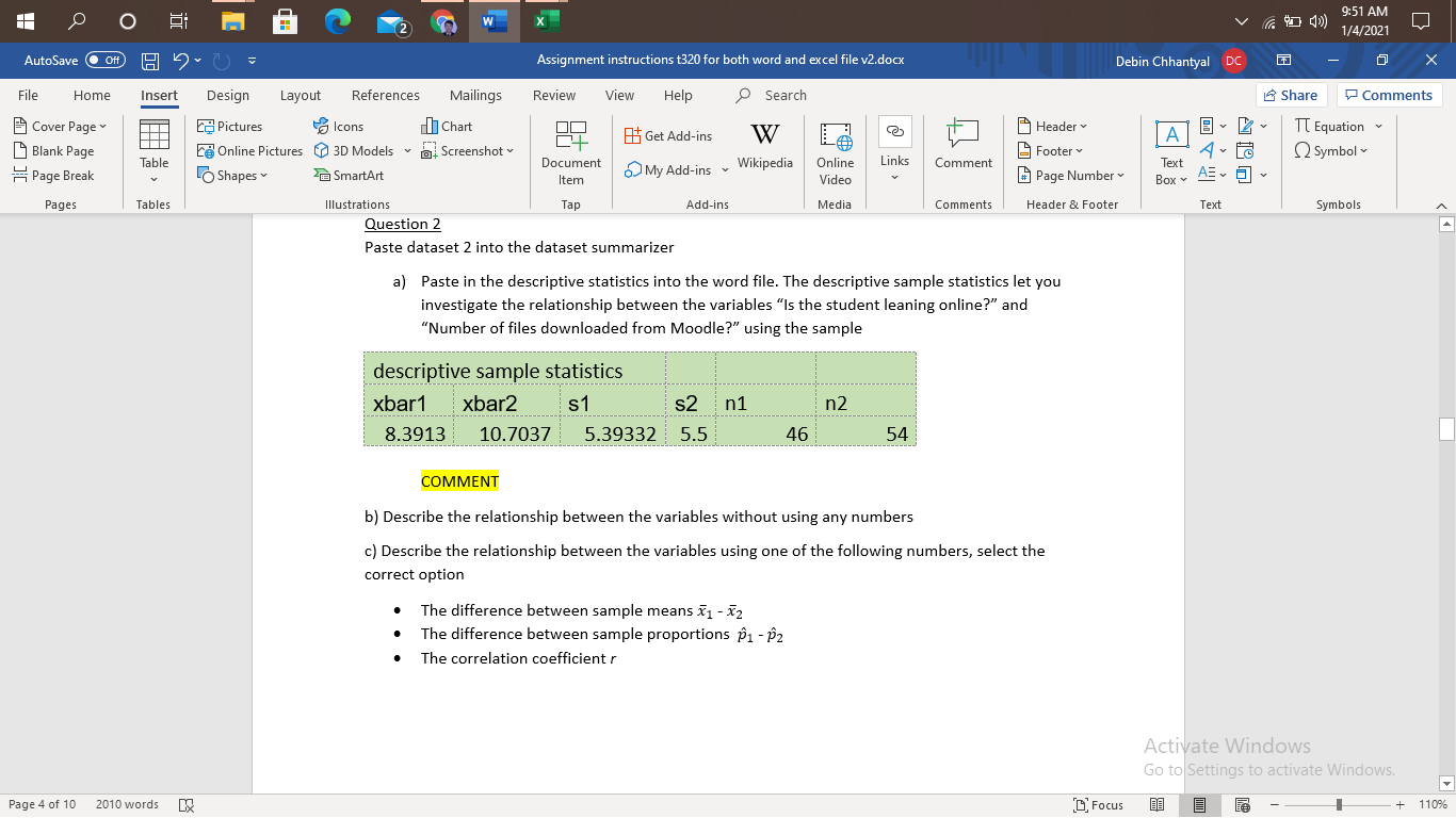 Solved H O J )) 9:51 AM 1/4/2021 AutoSave Off Assignment | Chegg.com