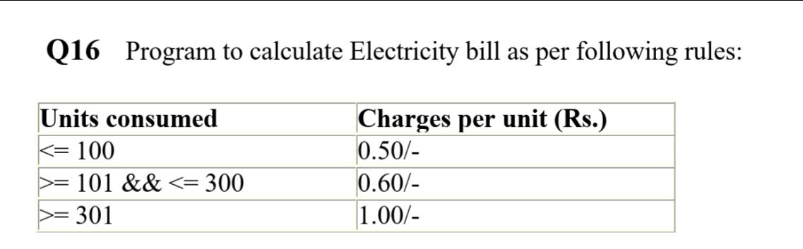 Solved Q16 Program to calculate Electricity bill as per | Chegg.com