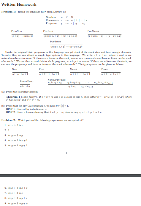 Written Homework Problem 1: Recall the language RPN | Chegg.com