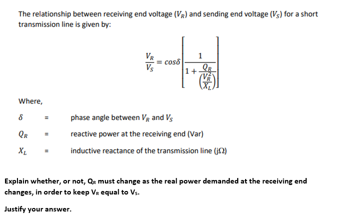Solved The relationship between receiving end voltage (VR) | Chegg.com