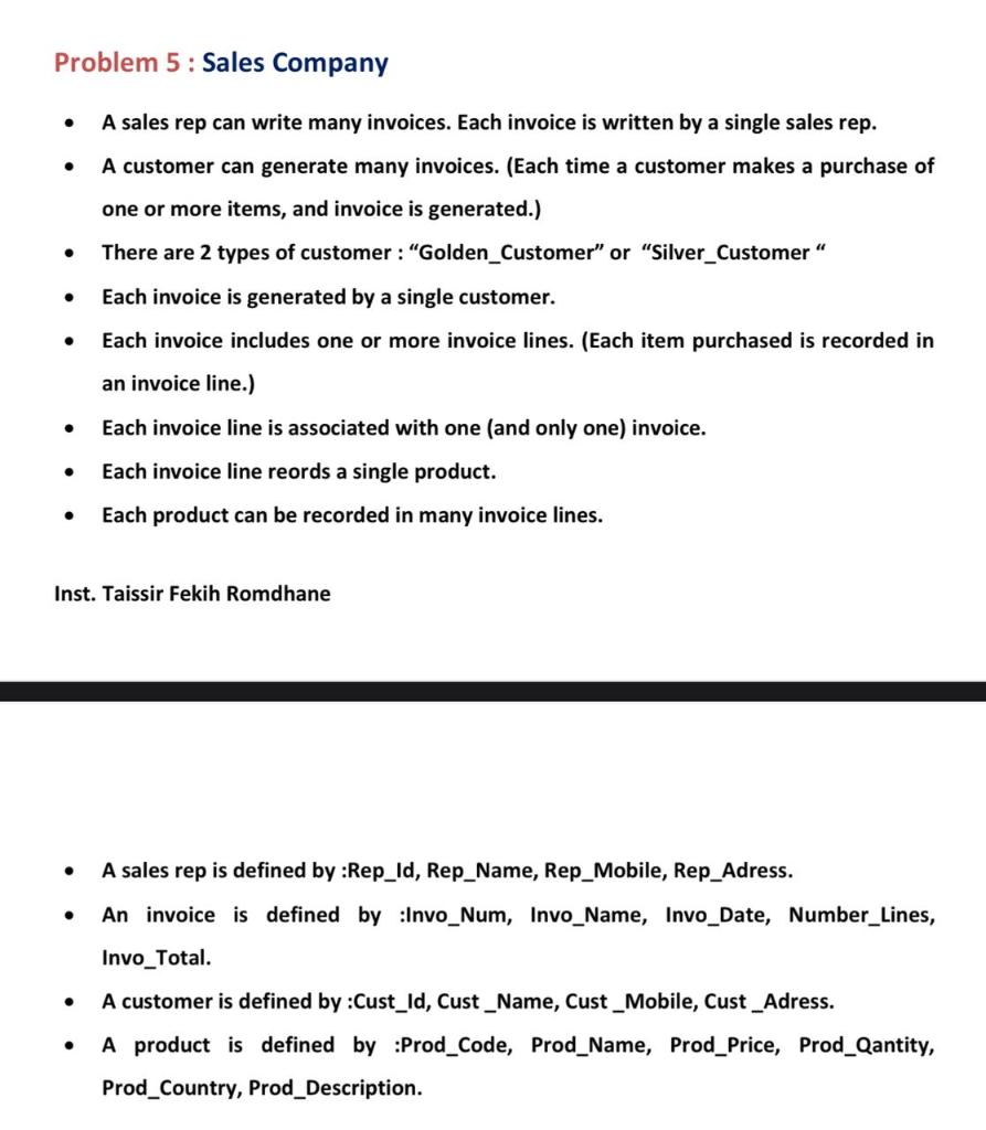 Solved Problem 5: Sales Company . A sales rep can write many | Chegg.com