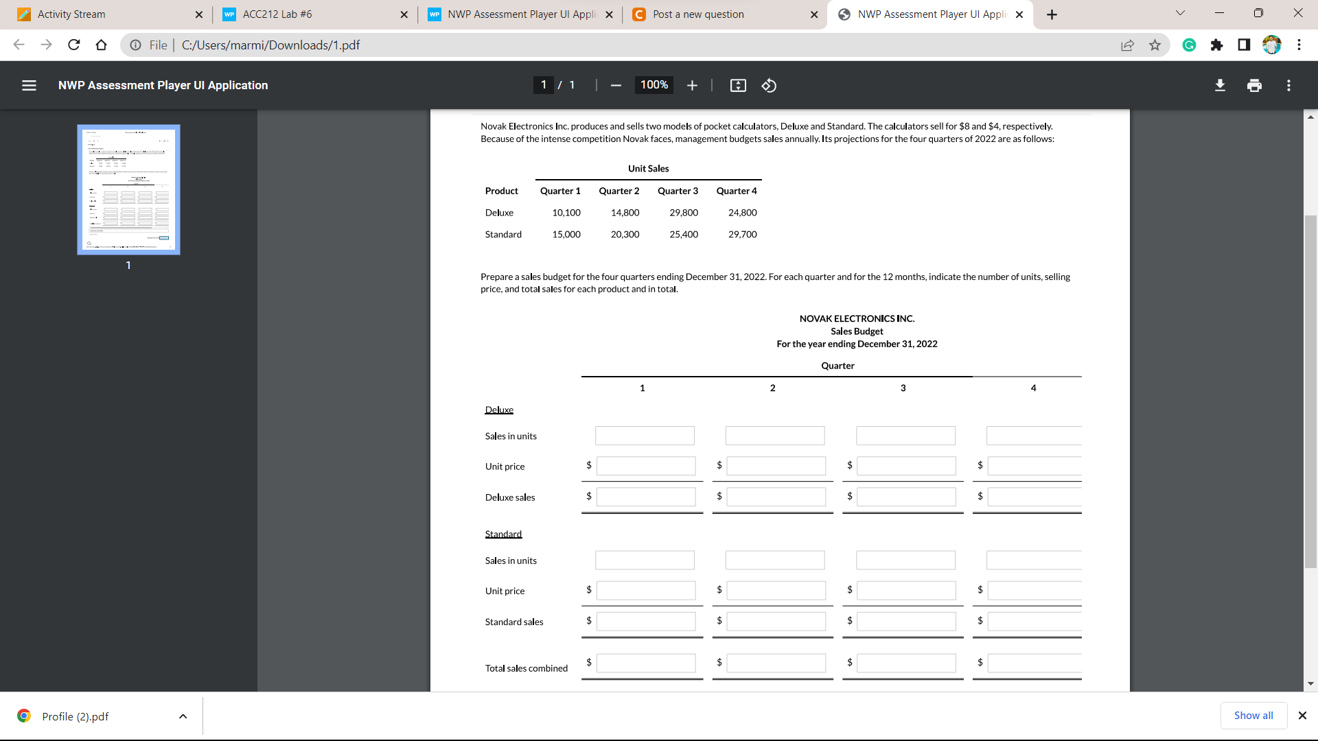 Solved Novak Electronics Inc. produces and sells two models | Chegg.com