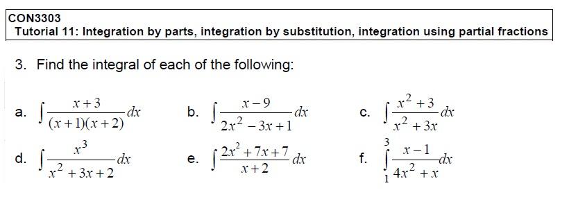 Solved CON 3303 Tutorial 11: Integration by parts, | Chegg.com