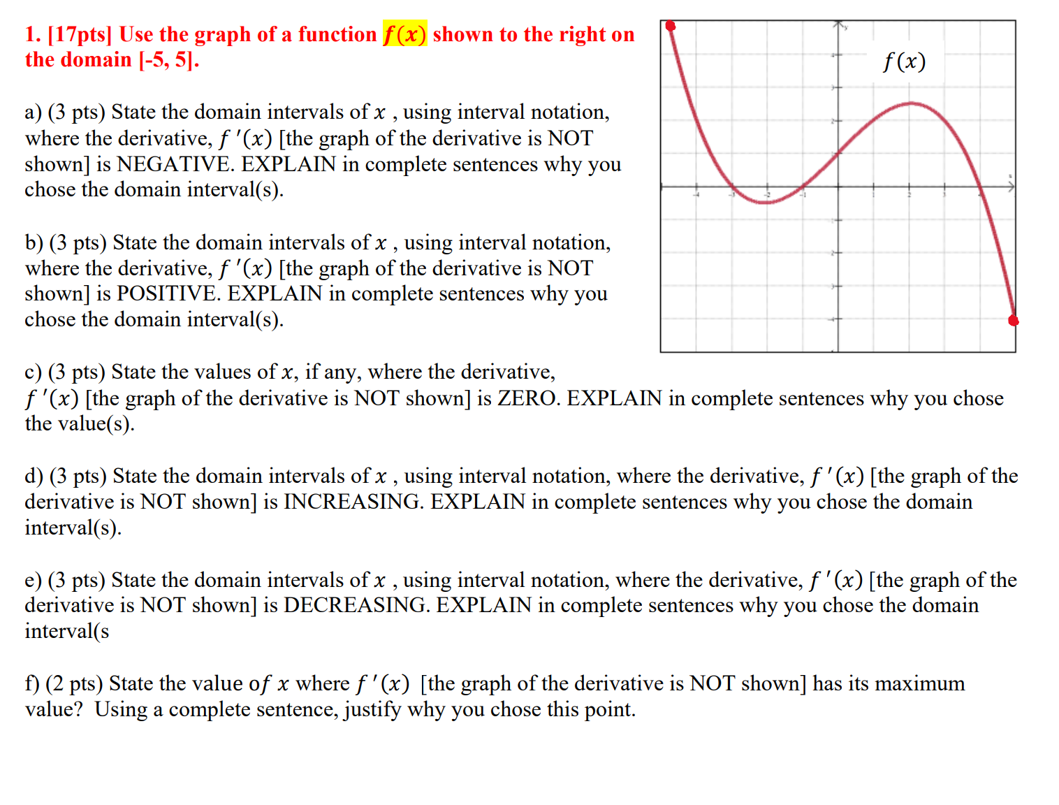 Solved 1. [17pts] Use the graph of a function f(x) shown to | Chegg.com