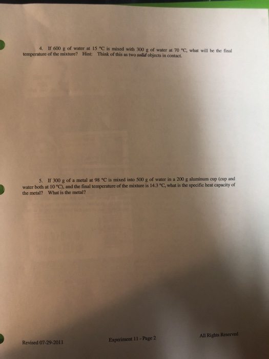 Solved PHYSICS 1101 EXPERIMENT #11 SPECIFIC HEAT CAPACITY | Chegg.com