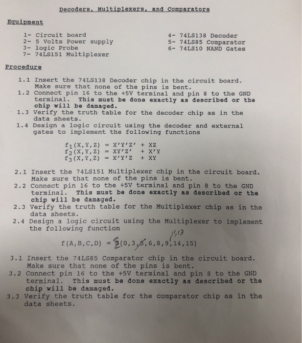 Solved Decoders, Multiplexers,一and comparators Equipment 1- | Chegg.com
