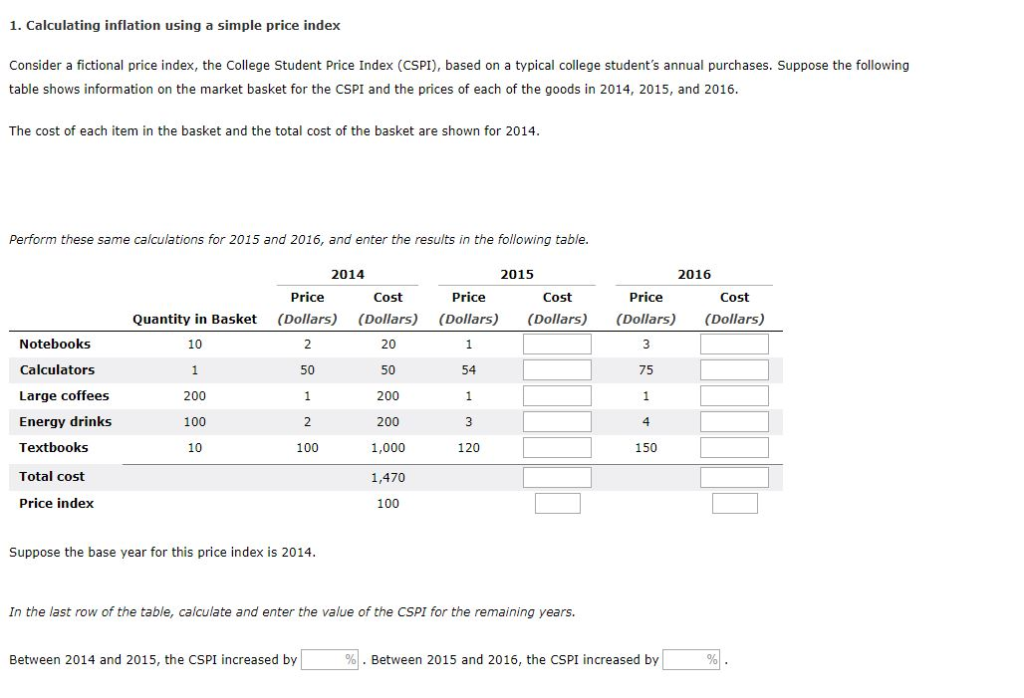 Solved 1. Calculating inflation using a simple price index | Chegg.com