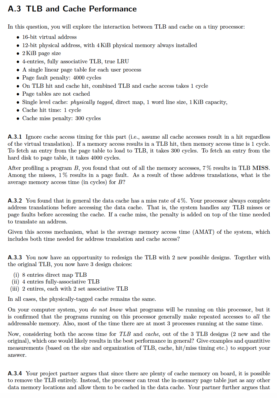 Solved A.3 TLB and Cache Performance In this question, you | Chegg.com