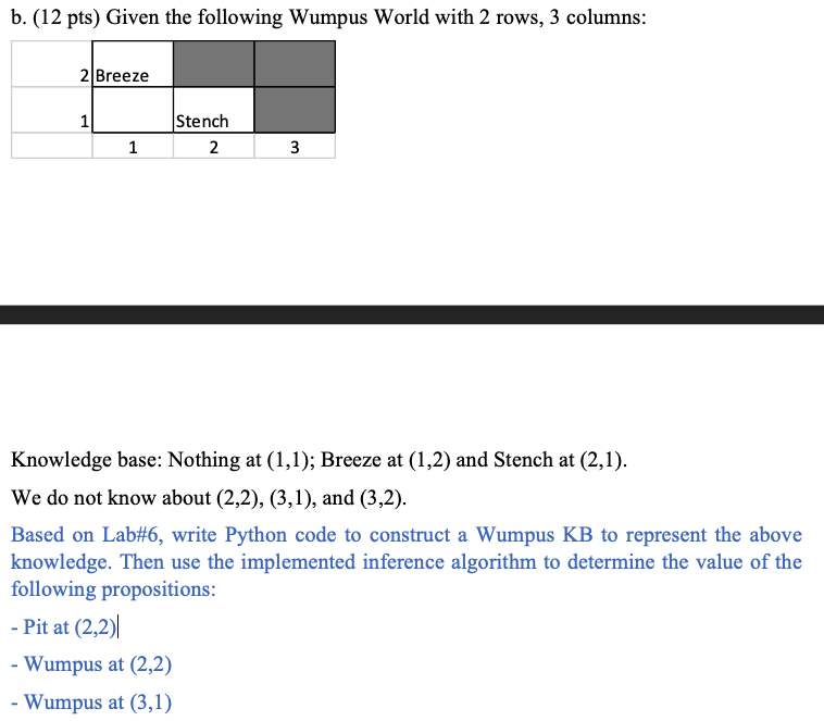 Solved b. (12 pts) Given the following Wumpus World with 2 | Chegg.com
