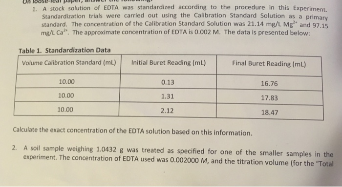 Solved 1. A stock solution of EDTA was standardized | Chegg.com