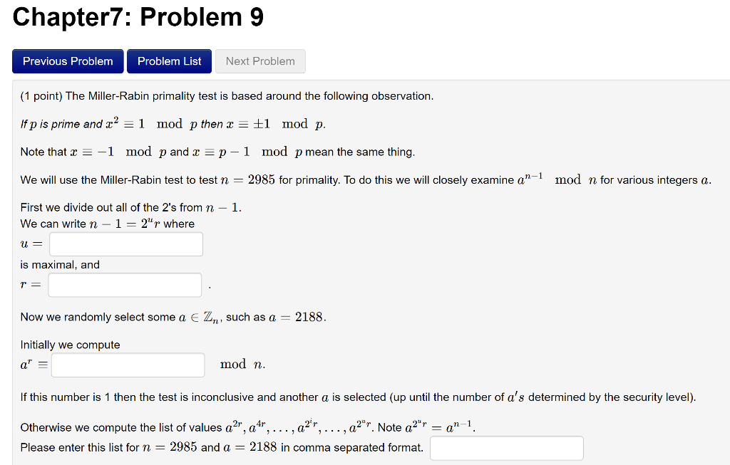 Solved (1 point) The Miller-Rabin primality test is based | Chegg.com
