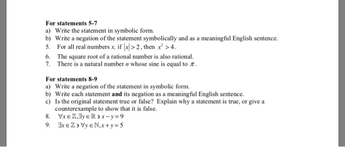 Solved For statements 5-7 a) Write the statement in symbolic | Chegg.com