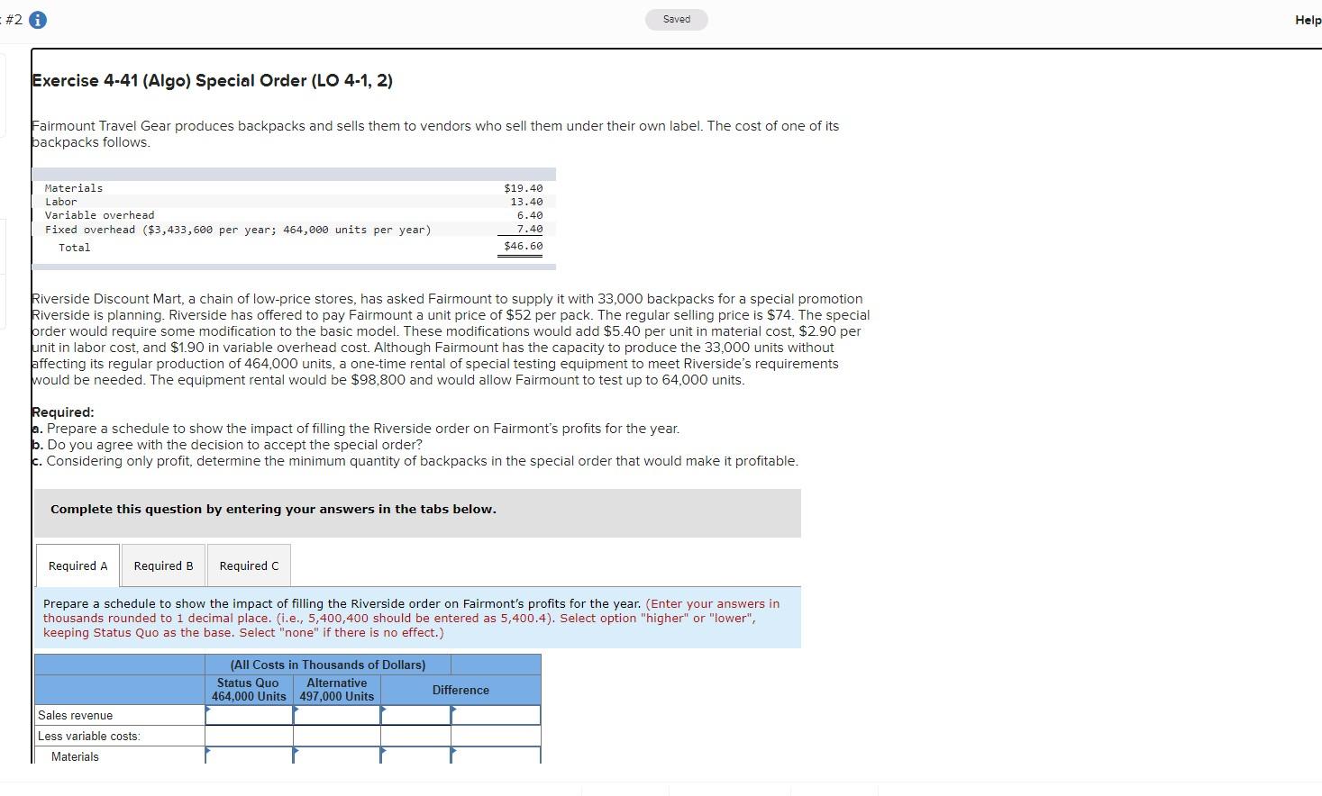 Solved Exercise 4-41 (Algo) Special Order (LO 4-1, 2) | Chegg.com