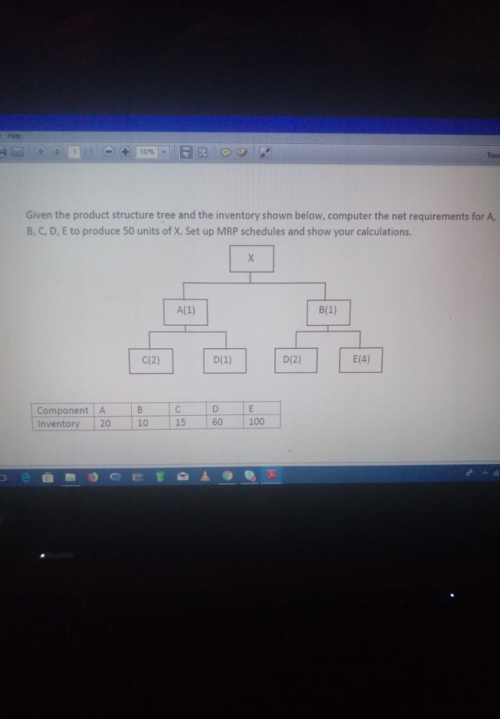 Solved 137% Too Given the product structure tree and the | Chegg.com