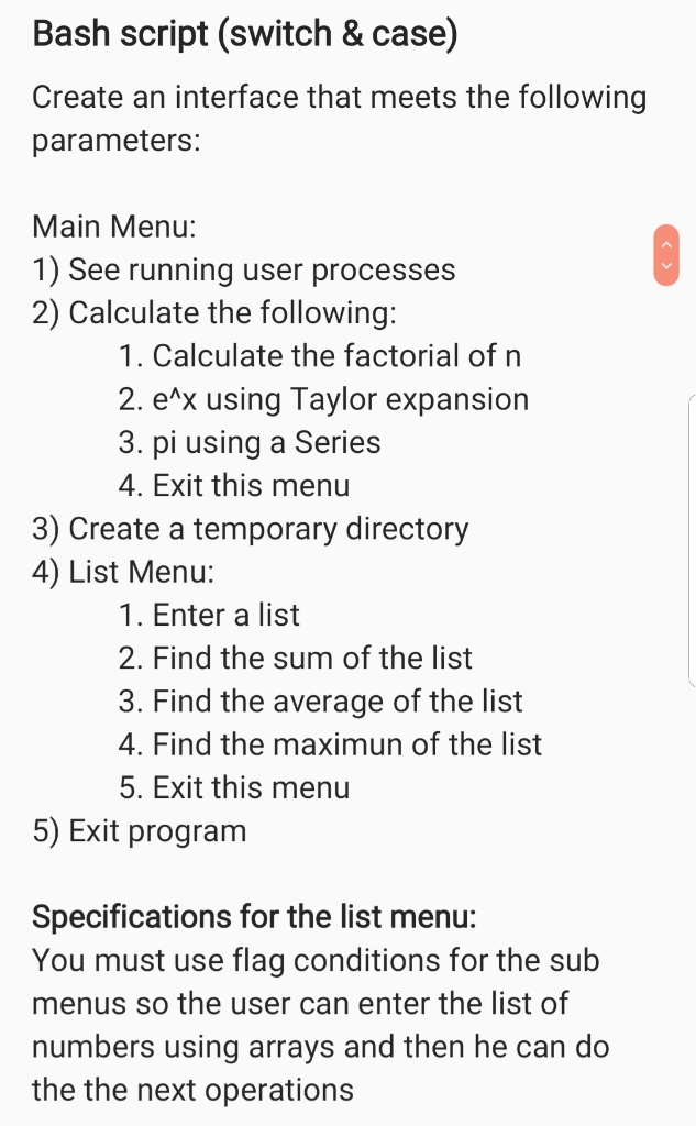 Solved Bash Script Switch And Case Create An Interface That