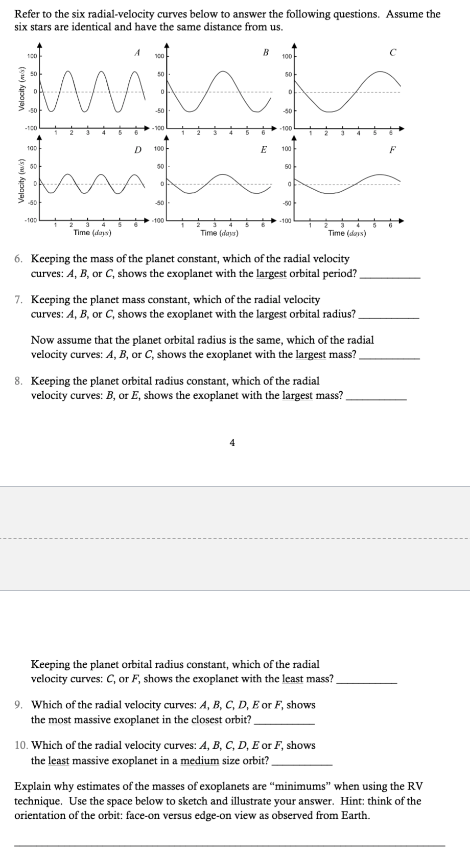 Refer to the six radial-velocity curves below to | Chegg.com