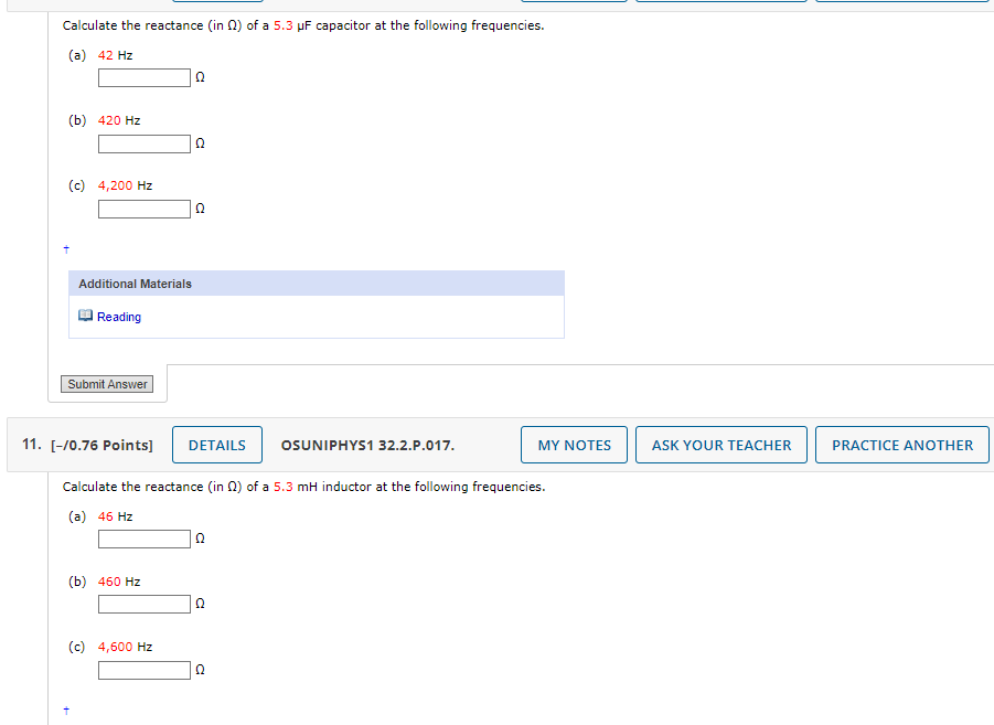 Solved Calculate the reactance (in Ω ) of a 5.3μF capacitor | Chegg.com