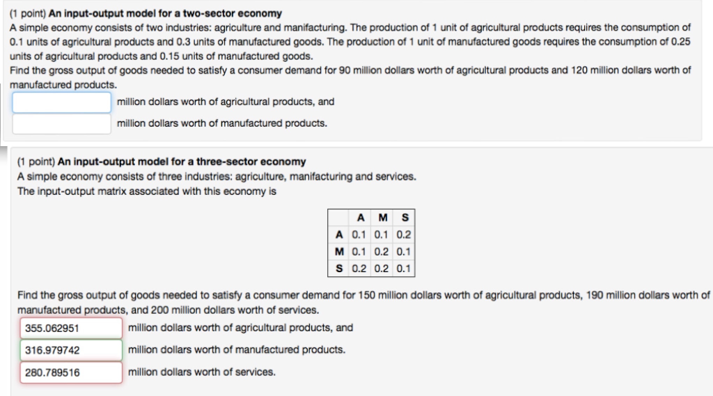 Solved (1 point) An input-output model for a two-sector | Chegg.com