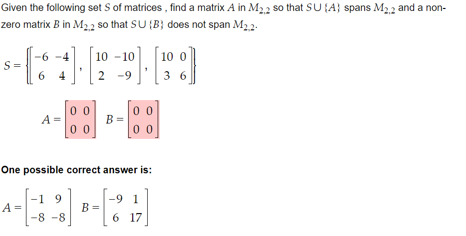 Solved Given the following set S of matrices , find a matrix | Chegg.com