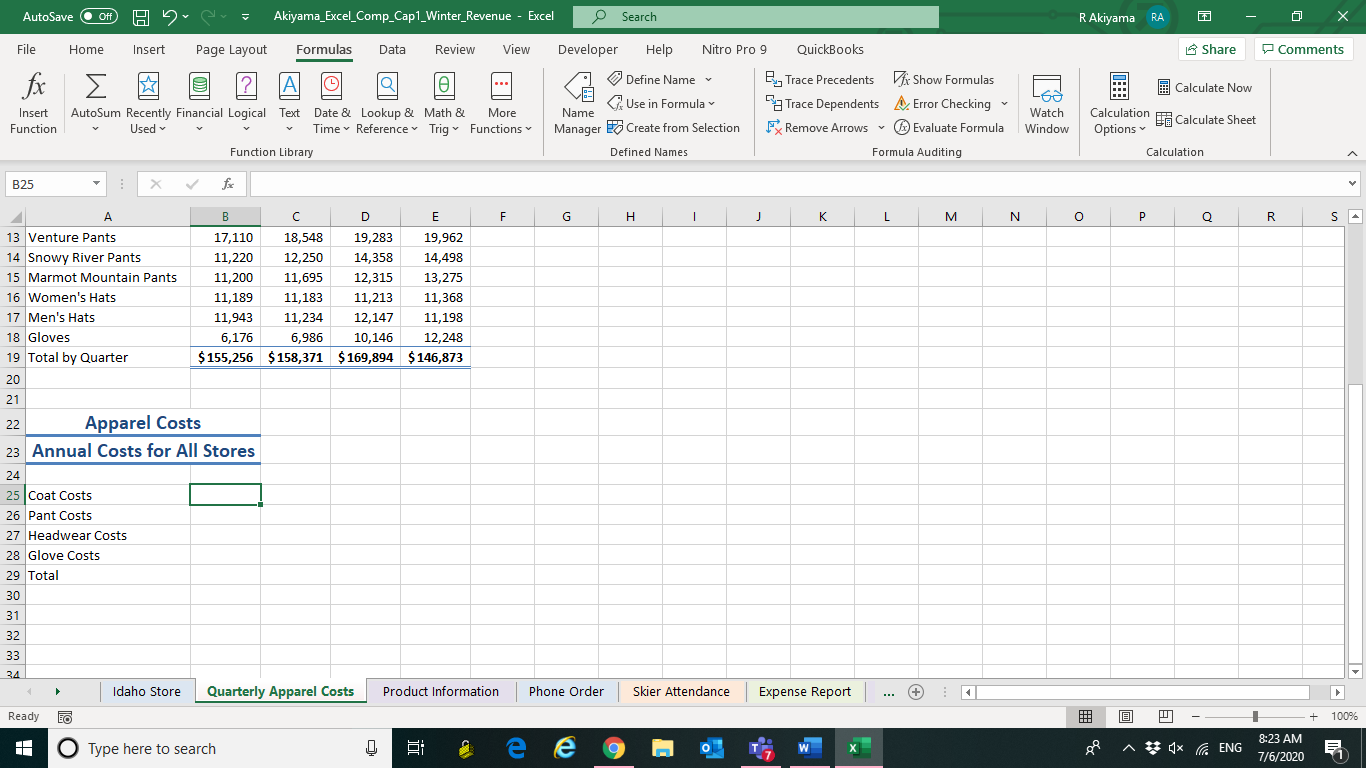 Solved On the Quarterly Apparel Costs worksheet, in cell | Chegg.com
