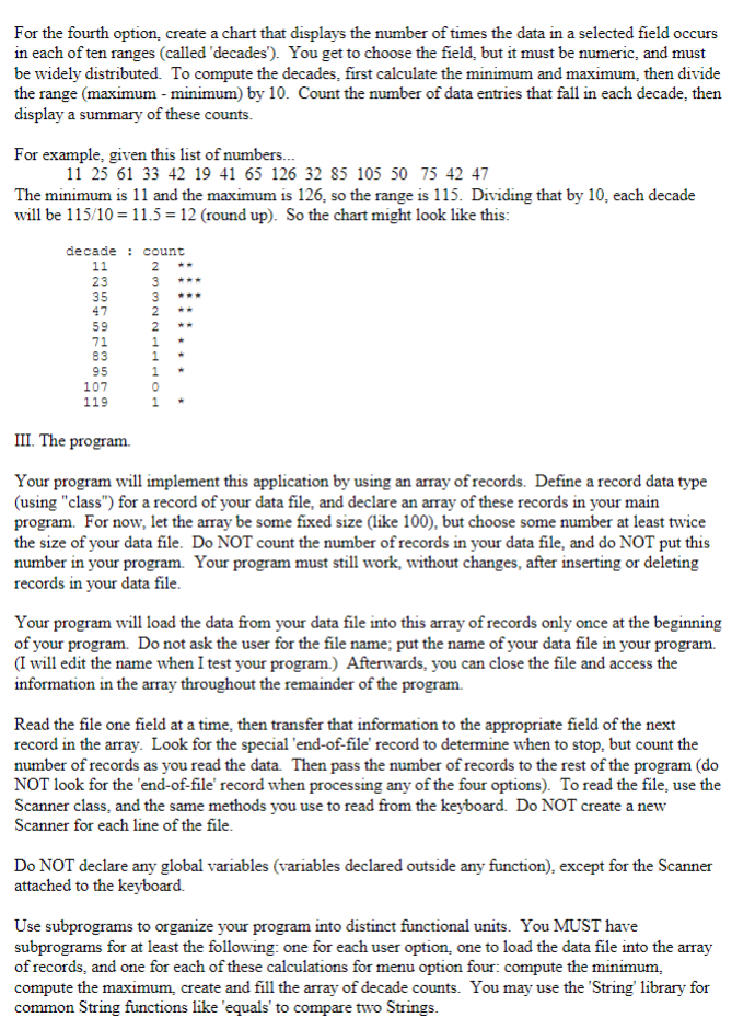 Solved I. The data file. The first part of your assignment | Chegg.com