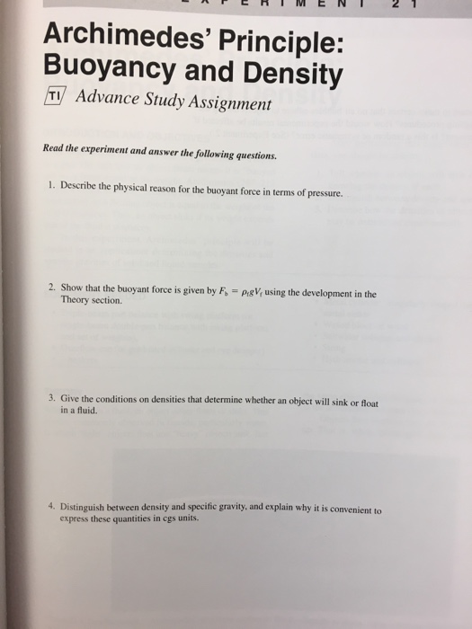 Solved Archimedes' Principle: Buoyancy and Density Describe | Chegg.com