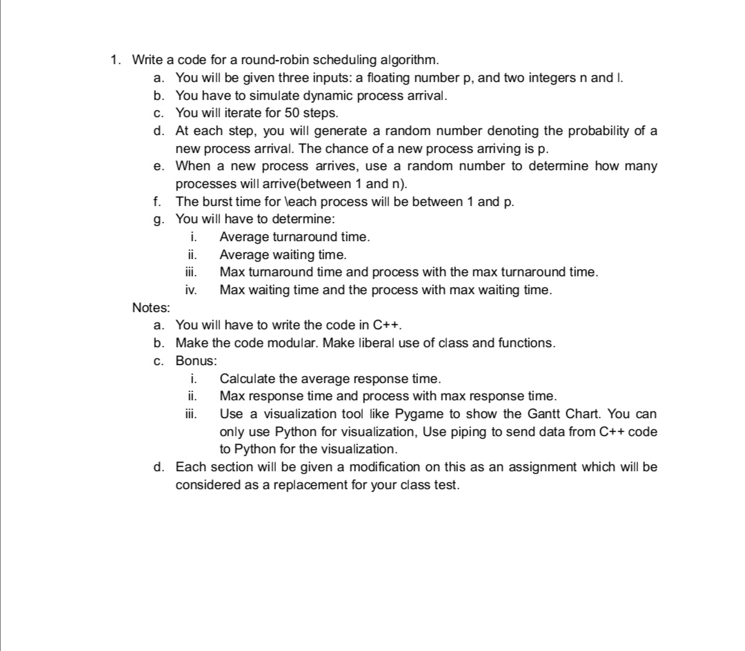 Solved Write A Code For A Round Robin Scheduling Algorithm 