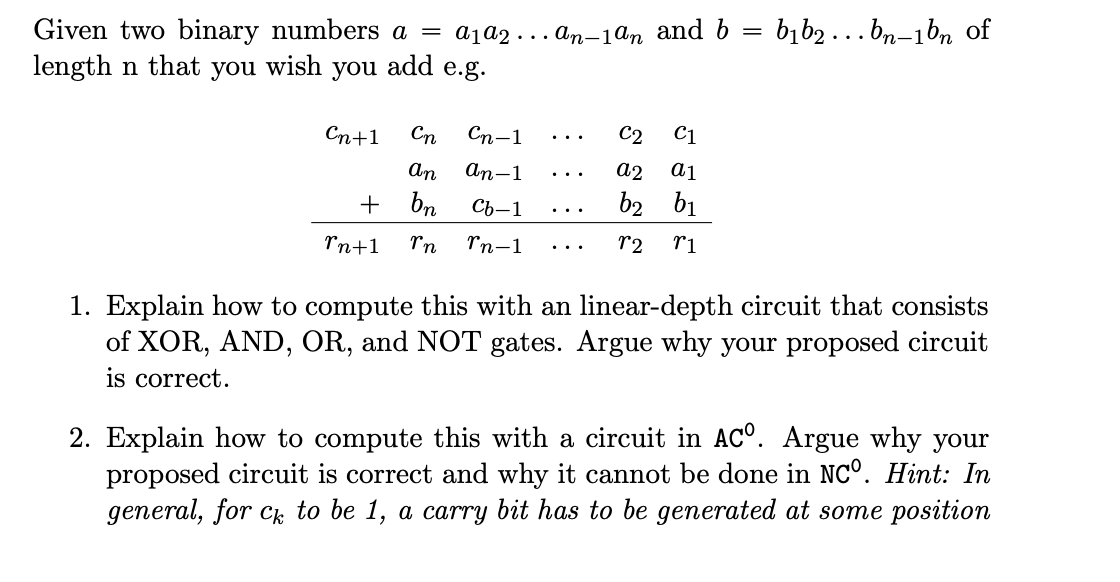 Given two binary numbers a=a1a2…an−1an and | Chegg.com