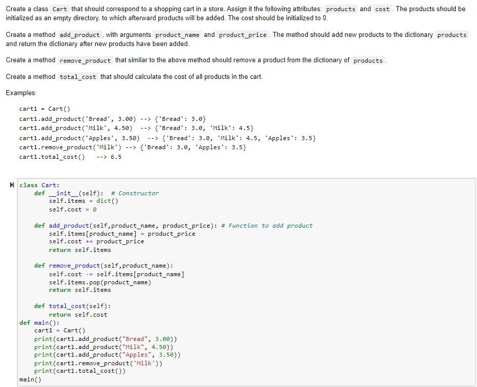 Solved Create a class cart that should correspond to a | Chegg.com