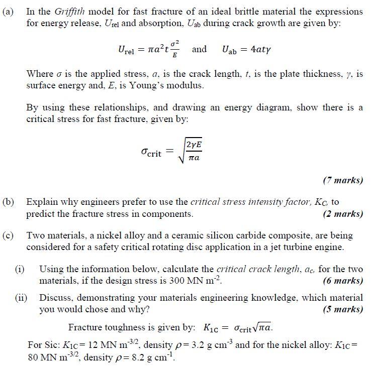 Solved (a) In the Griffith model for fast fracture of an | Chegg.com
