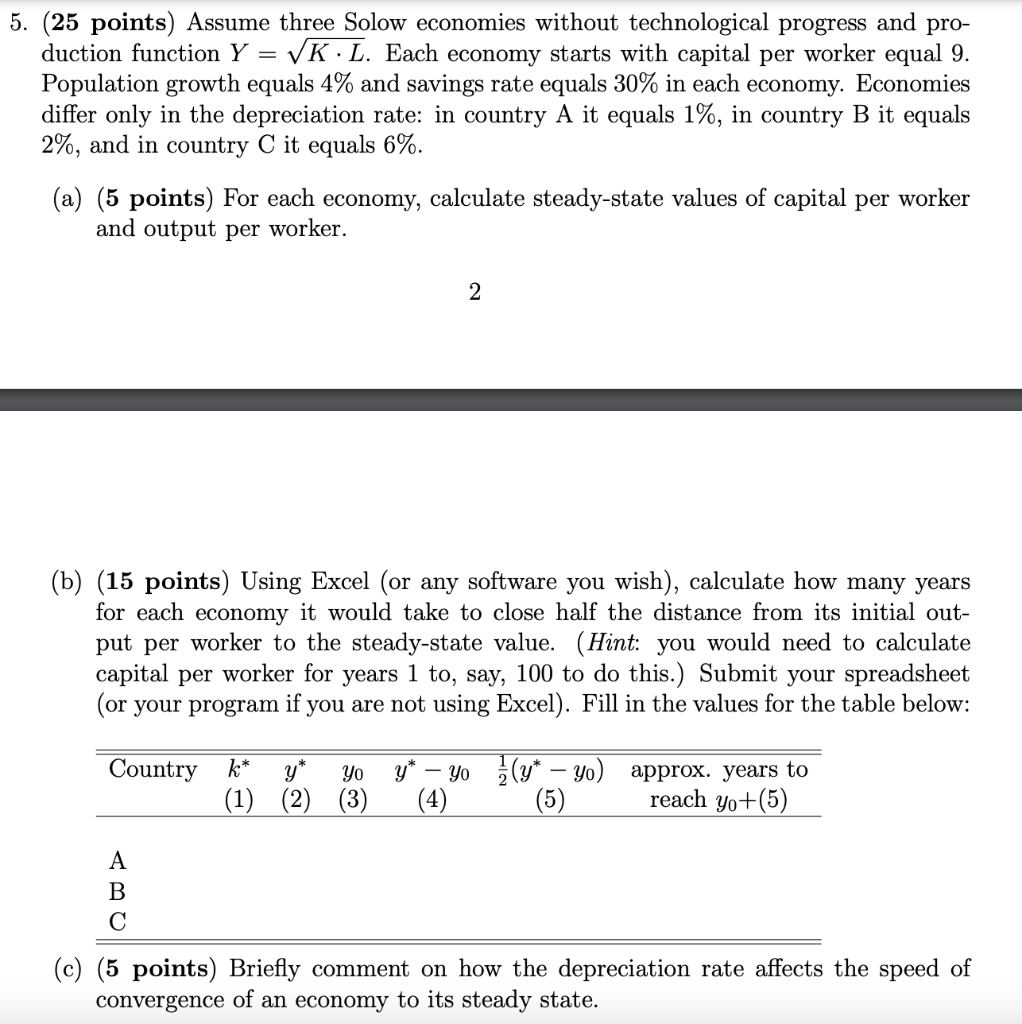 Solved 5. (25 points) Assume three Solow economies | Chegg.com