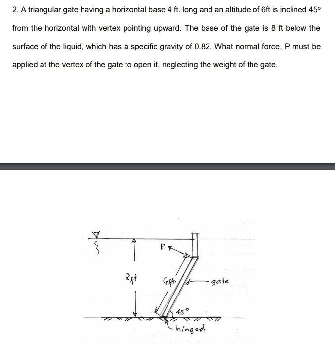Solved 2. A triangular gate having a horizontal base 4 ft. | Chegg.com