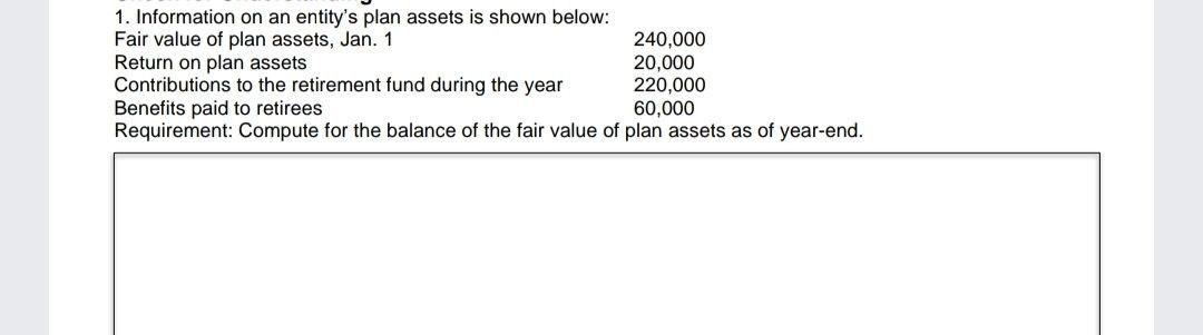 Solved 1. Information on an entity's plan assets is shown | Chegg.com