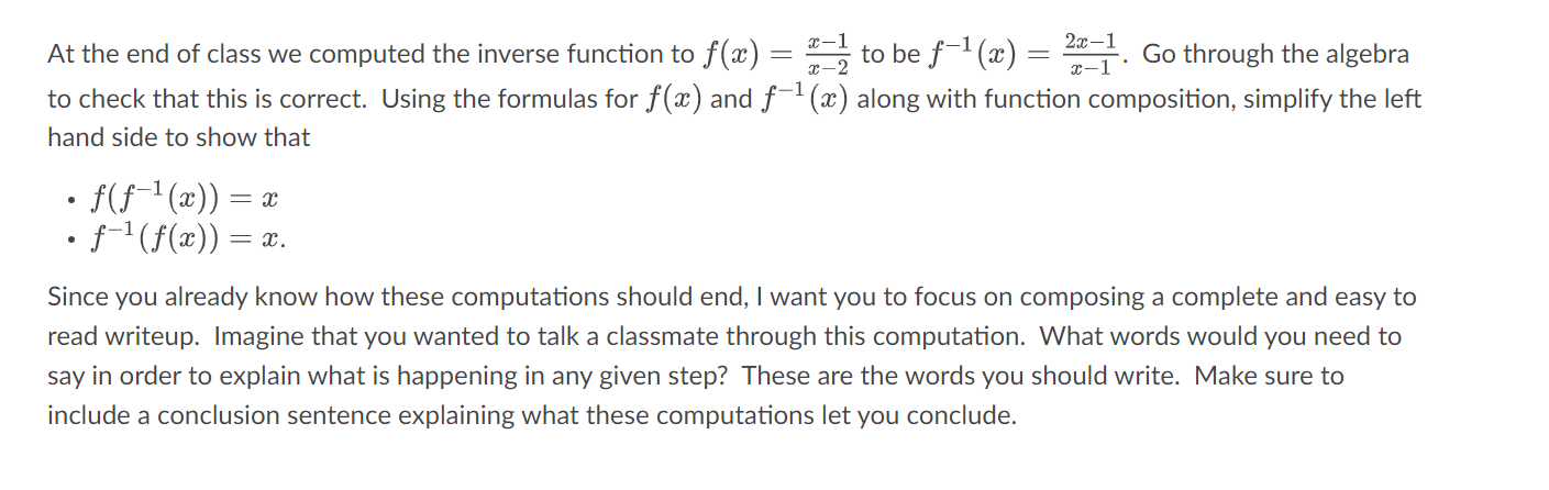 Solved At the end of class we computed the inverse function | Chegg.com