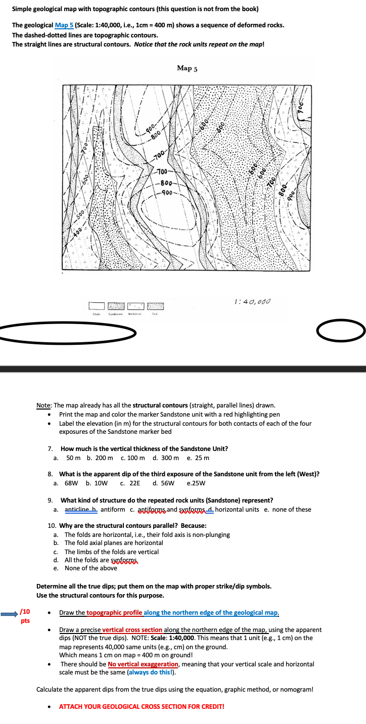 Solved Simple geological map with topographic contours (this | Chegg.com