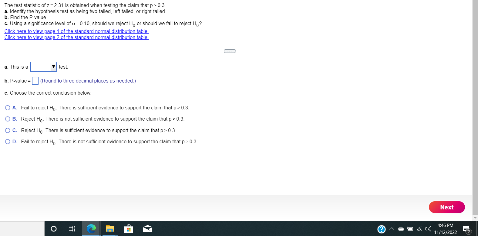 Solved The test statistic of z=2.31 is obtained when testing | Chegg.com