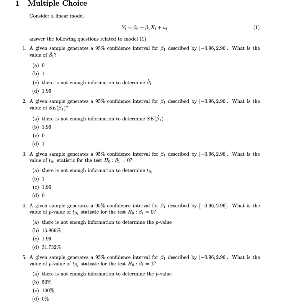 Solved 1 Multiple Choice Consider a linear model (1) answer | Chegg.com