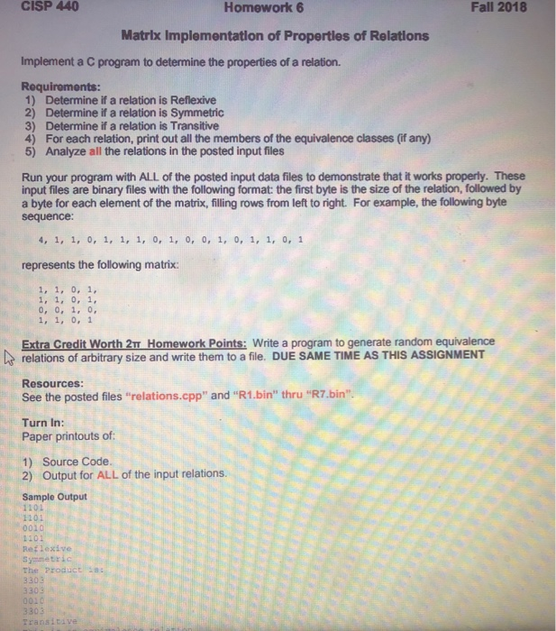 Solved CISP 440 Homework 6 Fall 2018 Matrix Implementation | Chegg.com