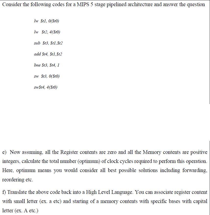 Solved Consider the following codes for a MIPS 5 stage | Chegg.com