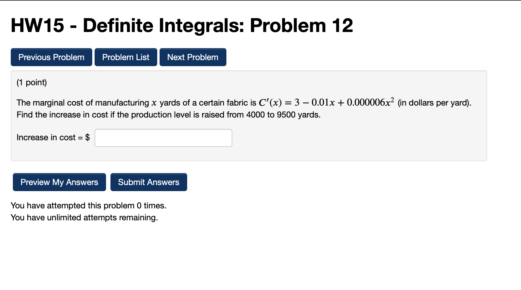 Solved HW15 - Definite Integrals: Problem 12 Previous | Chegg.com