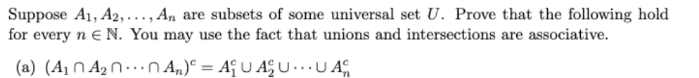 Solved Suppose A1,A2,…,An are subsets of some universal set | Chegg.com