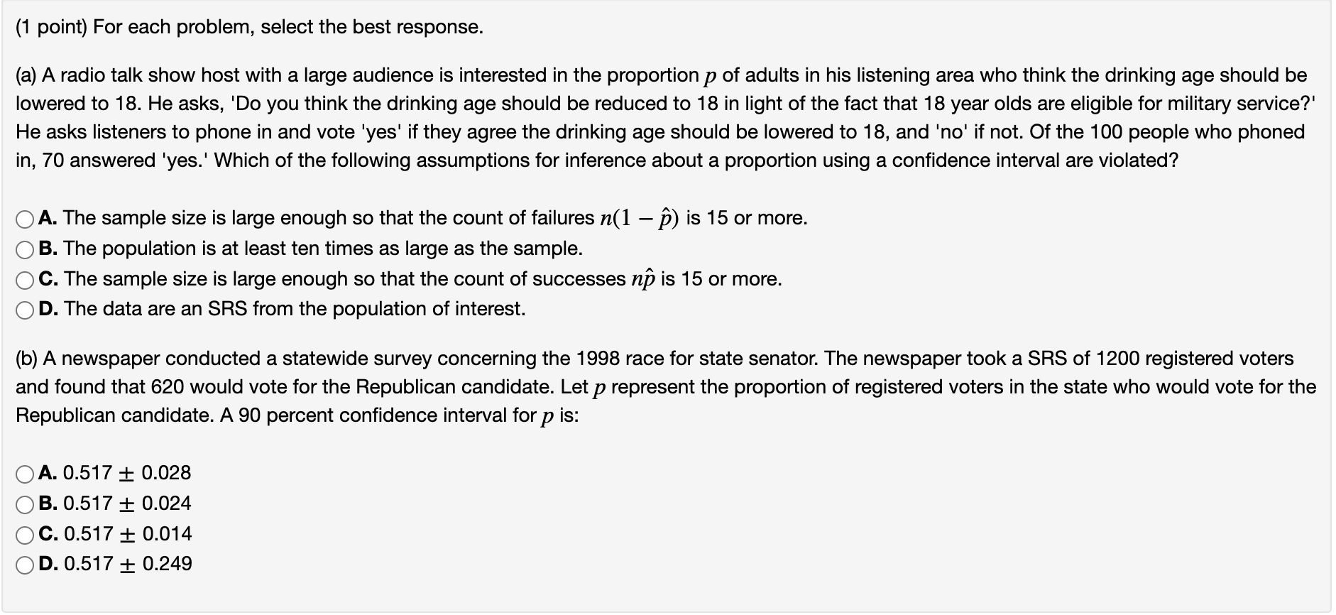 Solved (1 point) For each problem, select the best response. | Chegg.com