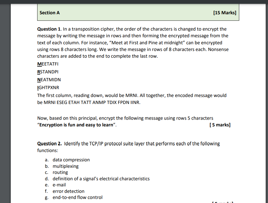 Solved Question 1. In a transposition cipher, the order of | Chegg.com