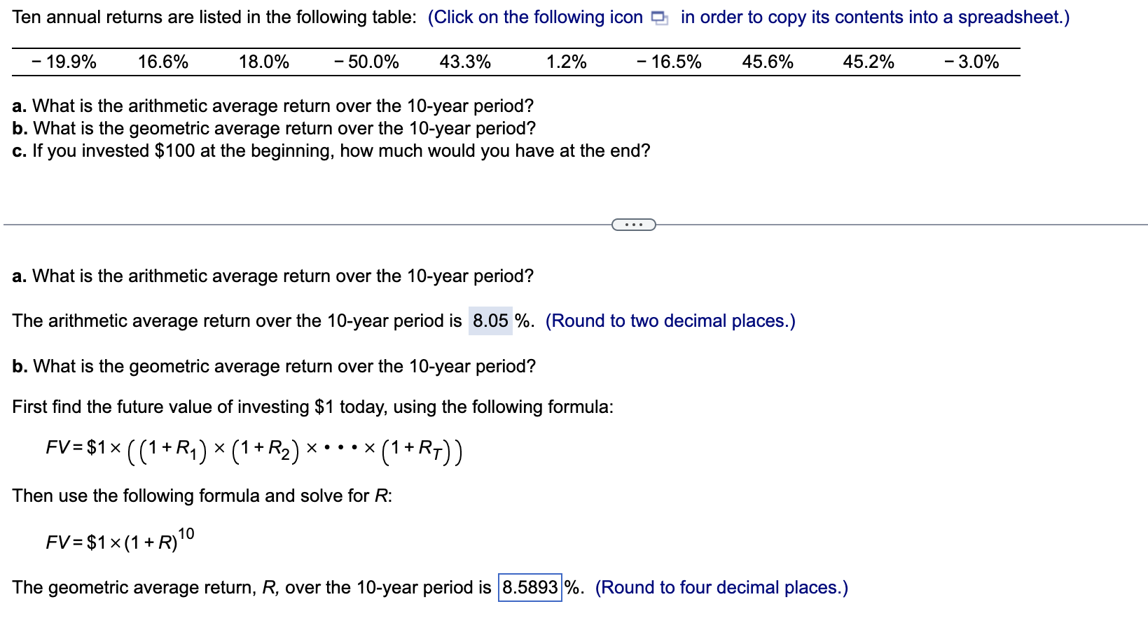Solved a. What is the arithmetic average return over the 10 | Chegg.com