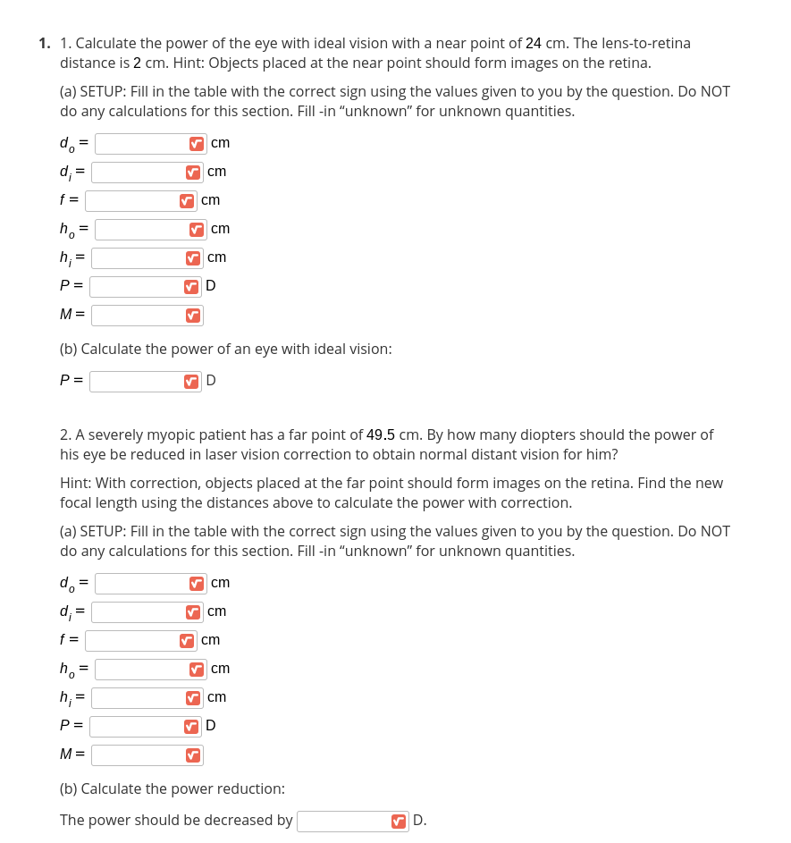 Solved 1. 1. Calculate the power of the eye with ideal | Chegg.com